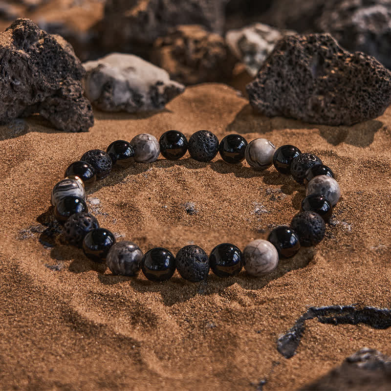 Evolvegem "Nightfall Ember" Grey Jasper Obsidian Lava Stone Bracelet – evolvegem